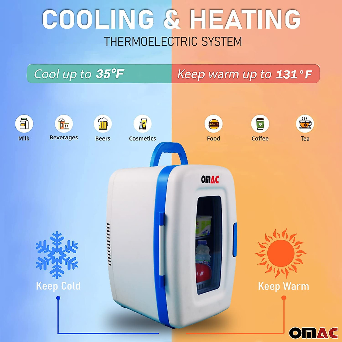 OMAC Mini Fridge for Cosmetics Camping Home Office and Car, Portable, 12V, AC/DC Power, 10 Liter, White