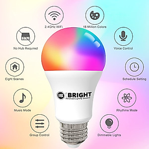 IBRIGHT Smart Light Bulbs A19 E26, 9.5W, 800 LM, 16 Million Colors Changing, Music Mode & DIY Scene Setting, Wi-Fi Smart Bulb Works with Alexa & Google Home, 80% Energy Saving, No Hub Required, 4 Pack