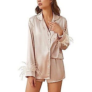 Ekouaer Women's Feather Trim Silk Satin Pajamas Set Long Sleeve Lounge Sets Comfy Long Sleeve Sleepwear Party Pjs Champagne L