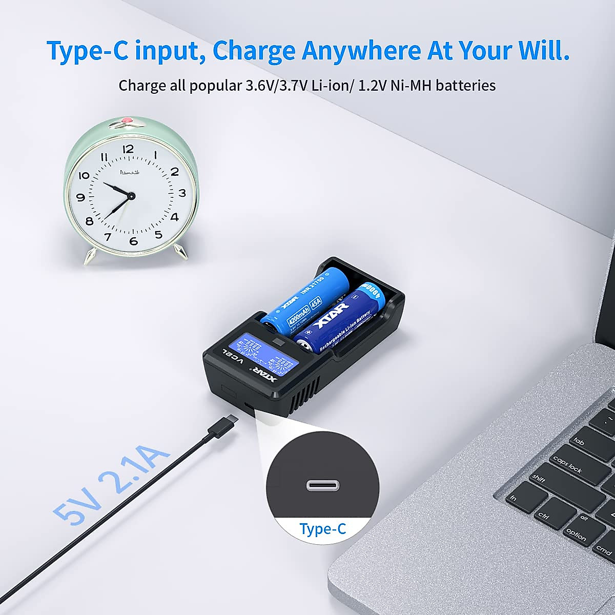 XTAR Universal Smart Battery Charger, 2 Slot, 3.7V Li-ion/Ni-MH/Ni-CD, 2.1A, LCD Display, 2 Hours Charge Time