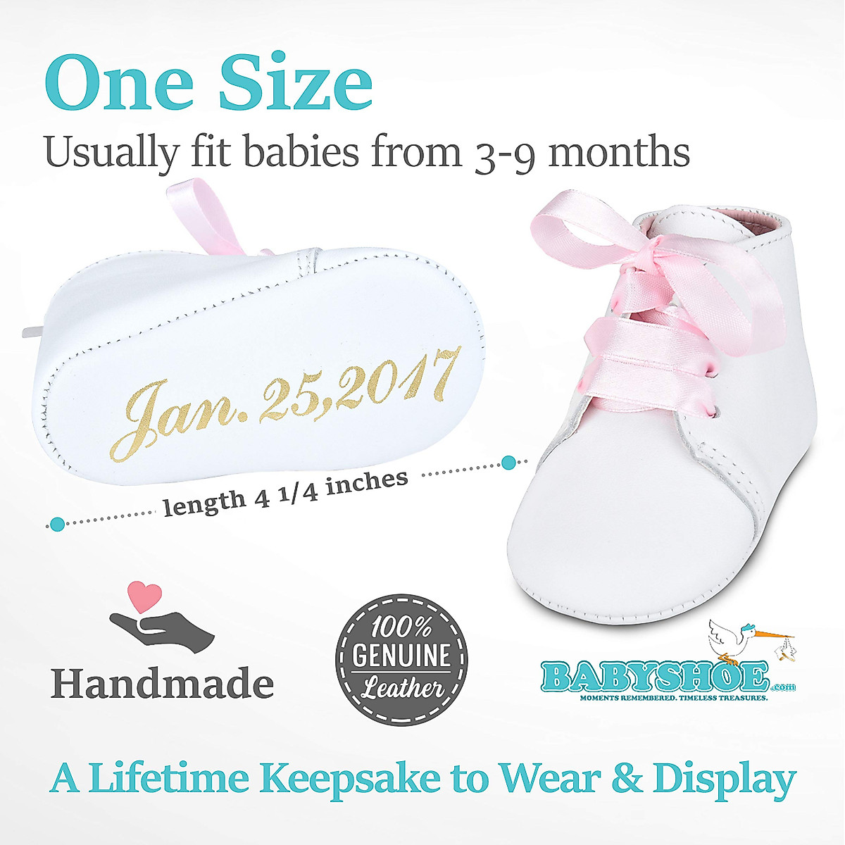 BabyShoe Personalized Baby Girl Christening Shoes – Baptism Gender Reveal Soft Newborn Pink Lace Up with Hand Embossed Name & Date - Special Occasion Church Shoes - Great for Gifts