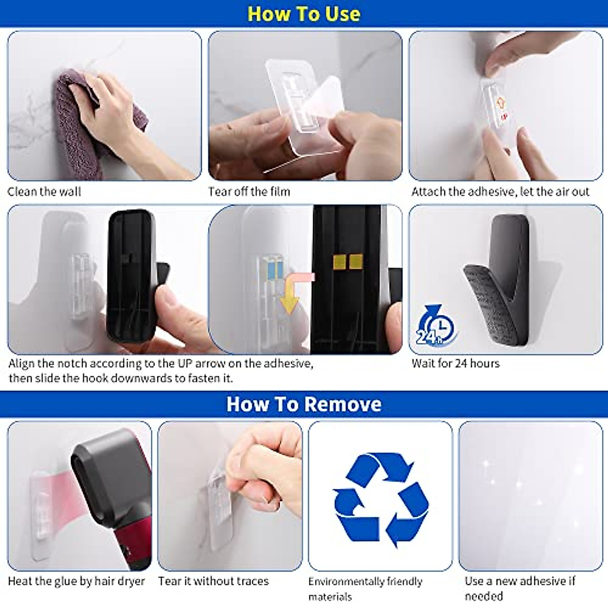 ALOCEO Sticky Hooks for Hanging 5 Pack, Plastic Adhesive Hooks Towel Hooks for Bathrooms Kitchen Dorm Room Wall, Black