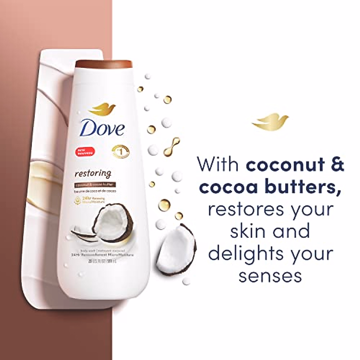 Dove Body Wash Restoring Coconut & Cocoa Butter for Renewed, Healthy-Looking Skin Gentle Skin Cleanser That Effectively Washes Away Bacteria While Nourishing Your Skin 20 oz