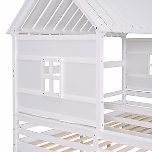DEYOBED Wooden Double Shared Bed, Twin Size House Bed with 2 Storage Drawers Roof Design, House Platform Bed for Kids, Boys and Girls, Combination of 2 Side by Side Twin Size Beds, White