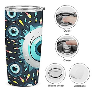 FHENMSA Stainless Steel Insulated Travel Coffee Mug,Evil Eyes Print Reusable Car Cup,Thermal Cup for Outdoor with Straw And Lid