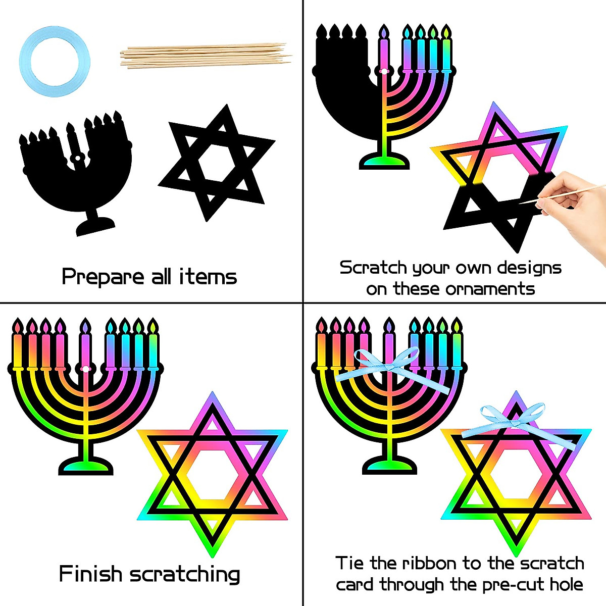 WATINC 60pcs Hanukkah Scratch Paper Art Craft Set DIY Chanukah Party Themed Magic Scratch Off Cards for Kids, Star of David Menorah Dreidel Gold Coin Color Drawing Christmas School Supplies