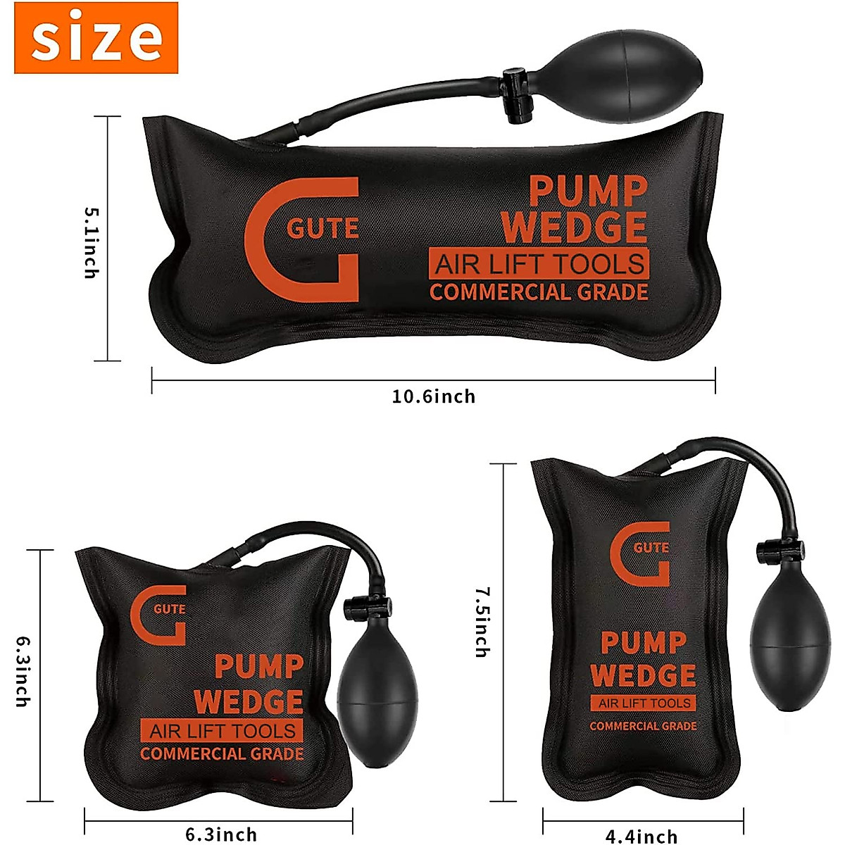 Gute Air Wedge Bag Pump, 3Pack Commercial Inflatable Air Wedge Pump Tool,Air Wedge Pump Bag Tool-Professional Leveling Kit,Air Wedge Bag for Variety of Jobs. 300 LB Rating (3Sizes)