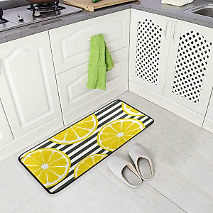 STAYTOP Fresh Lemon Black White Stripes Kitchen Rugs Kitchen Mats Polyester Non Slip Washable Cushioned Mats Antifatigue Comfort Floor Mat Doormat for Kitchen Washroom Bedroom 39 x 20 inch