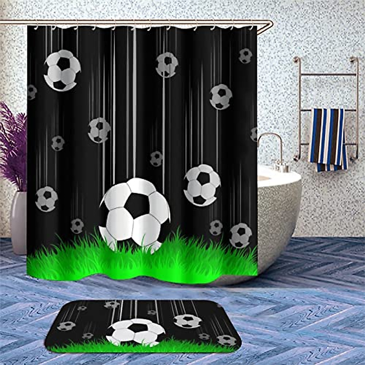 Soccer Shower Curtain Set Cartoon Black and White Football Shower Curtain Set with Rugs, Toilet Lid Cover and Bath Mat, 70.8×70.8