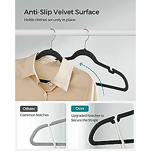 SONGMICS Velvet Hangers 50 Pack, Non-Slip Clothes Hangers, with Shoulder Notches, Pants Bar, 360° Swivel Hook, Space-Saving, for Closet, Black UCRF029B05