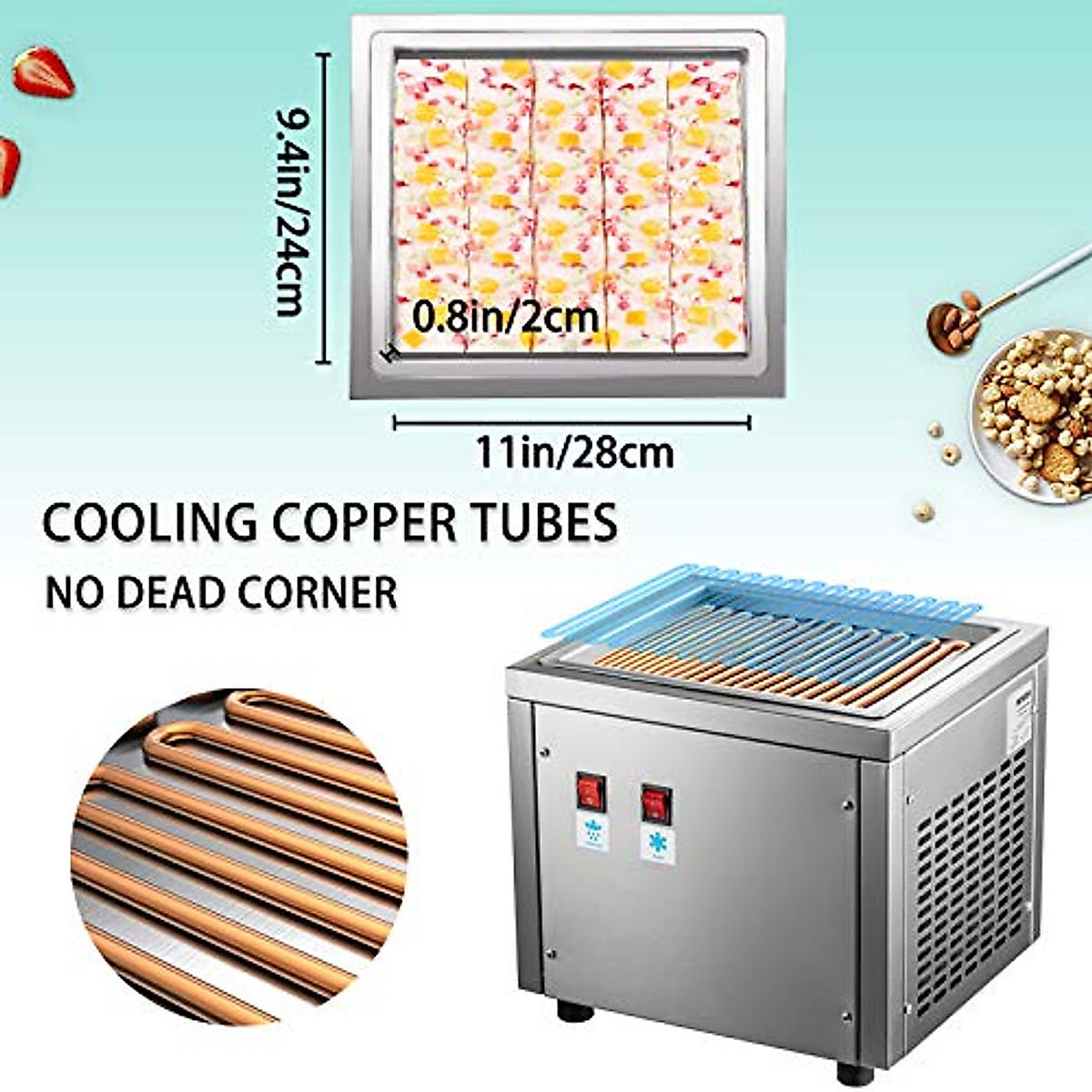 VEVOR Commercial Rolled Ice Cream Machine, Stir-Fried Ice Cream Roll Machine with Single Square Pan, Stainless Steel Stir-Fried Ice Cream Roll Maker, Yogurt Cream Machine for Bars Cafés Dessert Shops