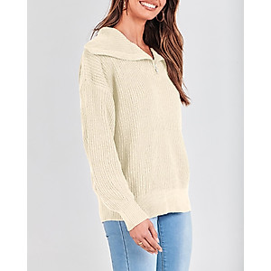 KIRUNDO Women's 2024 Fall Winter Long Sleeve Quarter Zip Pullover Casual V Neck Ribbed Knit Sweaters Jumper Tops(Beige White, Large)