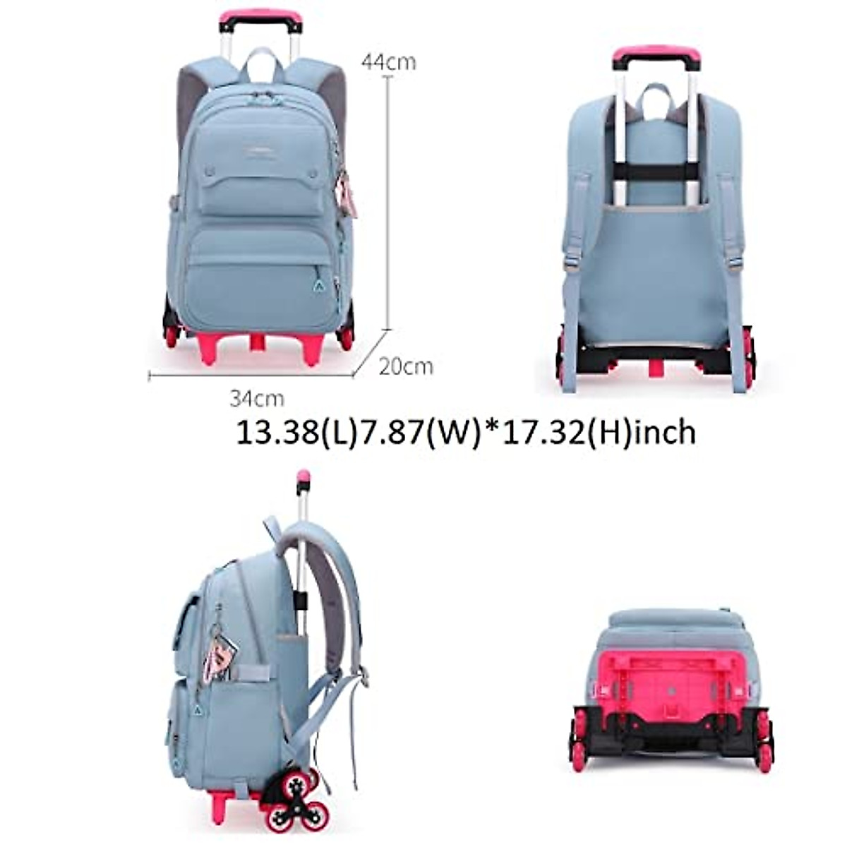 Rolling Backpack for Boys and Girls with Wheels Solid Color Kids Wheeled Bookbag Trolley School Bag for Women