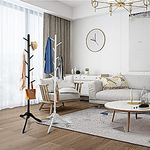 YEVONNIE Coat Rack Free Standing, Solid Wood Coat Stand, Hall Coat Tree with 8 Hooks for Coats, Hats, Bags, Purses, for Entryway, Hallway, Rubberwood (BLACK)