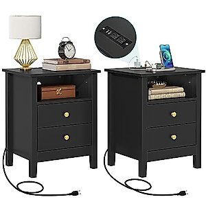 YITAHOME Nightstand with Charging Station, Night Stands with 2 Drawers for Bedroom, Modern Bedside Table End Side Table with USB Ports and Outlets, Set of 2, Black
