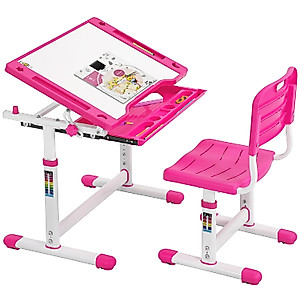 FDW Kids Desk Children Writing Student Desk Drafting Table Height Adjustable Study Table and Chair with Drawers Storage，Pink