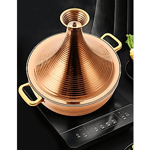 BINGWANG 304 Stainless Steel Moroccan Tagine Pot,Non Stick Tagine Stainless Steel Tower Stew Dry Pot Non-stick Slow Cooker Seafood High Lid Pan Electromagnetic Cooker Moroccan Tajine Casserole,Gold,20