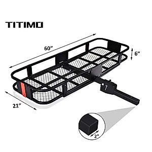TITIMO 60"x21"x6" Folding Hitch Mount Cargo Carrier - Luggage Basket Rack Fits 2" Receiver - Rear Cargo Rack for SUV, Truck, Car(Includes Cargo Net, Ratchet Straps, Waterproof Cover) - 550LB Capacity