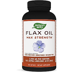 Nature’s Way Flax Oil Max Strength, 2600 mg per Serving, with ALA, Cold-Pressed, 200 Softgels