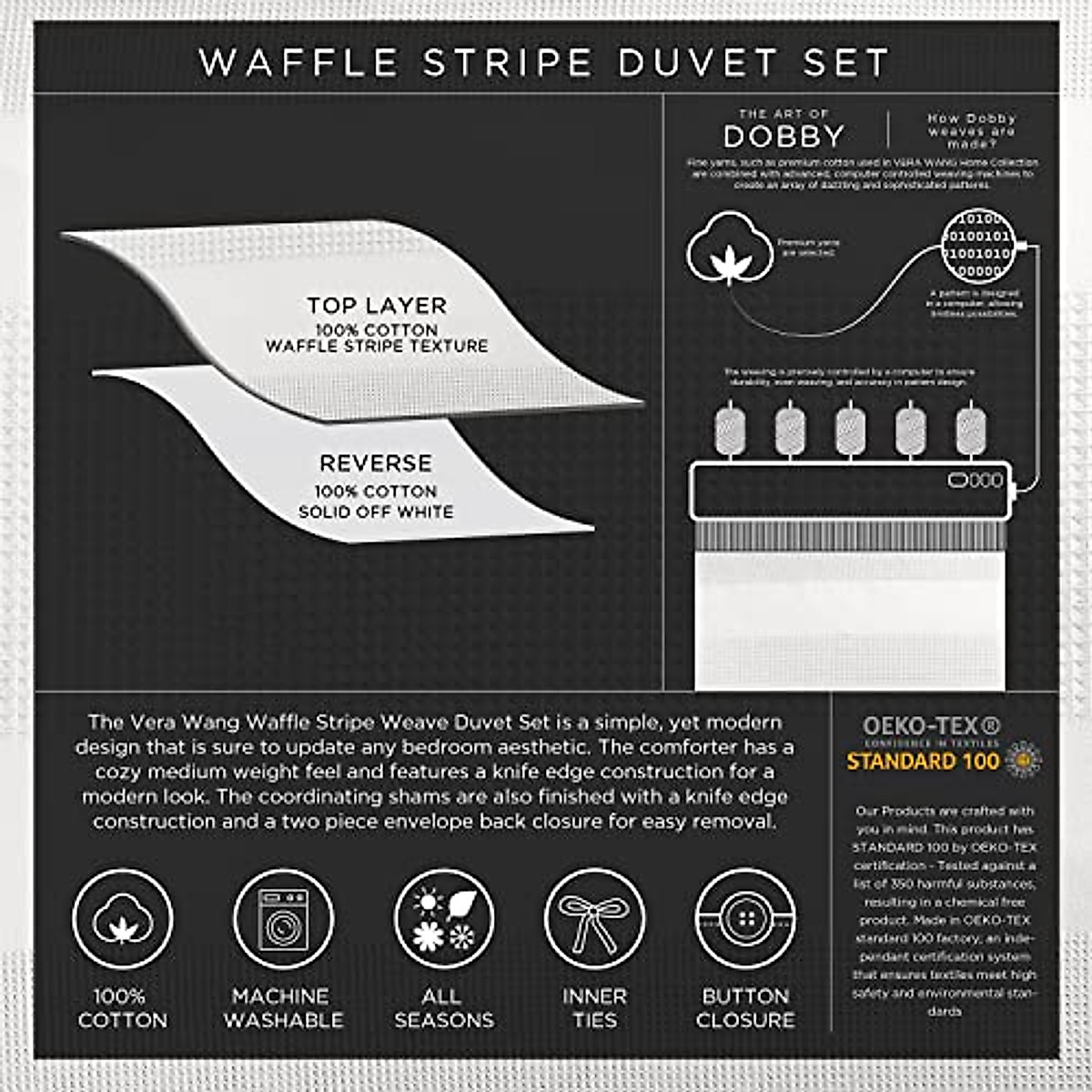 Vera Wang - Queen Duvet Cover Set, Luxury Cotton Bedding with Matching Shams, All Season Home Decor (Waffle Stripe White, Queen)