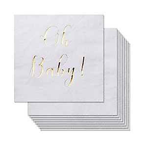 Baby Shower Napkins - 50 Pack White Disposable Paper Luncheon Cocktail Napkins with Gold Foil "Oh Baby!" Folded 6.5"x6.5" for Baby Shower Party