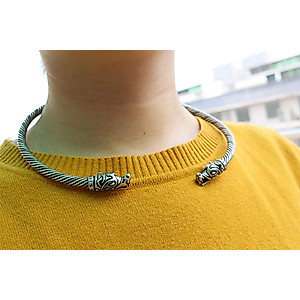 LANSEIS viking wolf necklace Viking Wolf Head Fenrir Torc Neck Ring Ragnar Handmade Heavy Twisted Brass Wire Pagan Norse