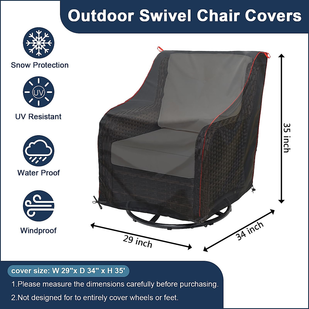 Patio Chair Cover, PAKISOU Waterproof Heavy-Duty Patio Furniture Cover, Outdoor Swivel Chair Cover (29” W x 34” D x 35” H), with Red Pull Tabs for Easy Use and Storage (2 Pack, Black)