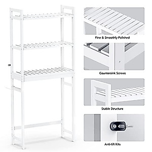 Purbambo Over The Toilet Storage, 3-Tier Bamboo Shelf Organizer Storage Rack with Toilet Paper Holder & 3 Hooks for Bathroom, Balcony, Porch, Laundry - White