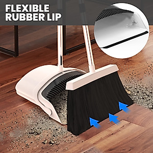 Broom and Dustpan Set for Home - Premium Long Handled Broom Dustpan Combo - Upright Standing Lobby Broom and Dust Pan Brush w/ Handle - Great Edge, Lightweight and Robust