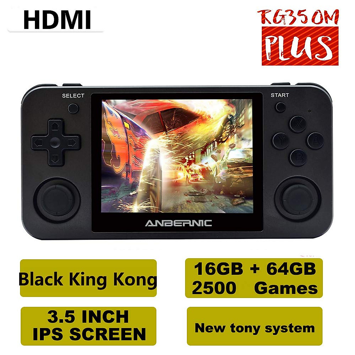 RG350M Handheld Game Console with Opening Linux Tony System HDMI Output 64Bit 3.5inch IPS Screen , Retro Game Console with 32G TF Card 2500 Classic Games Portable Video Game Console （Black）