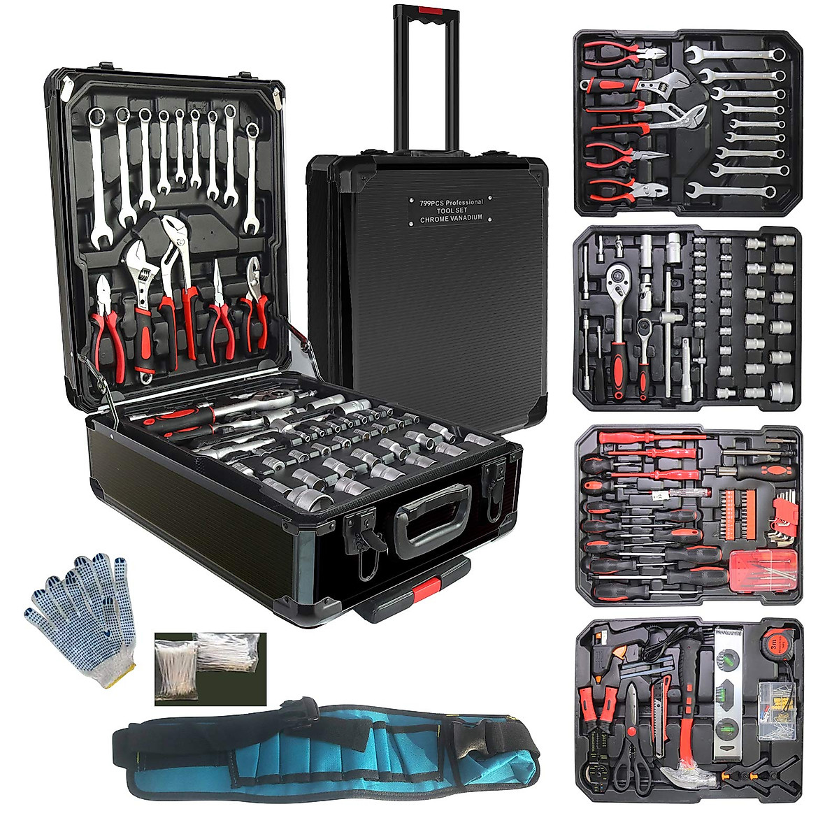Arcwares 799pcs Aluminum Trolley Case Tool Set Silver, House Repair Kit Set, Household Hand Tool Set, with Tool Belt,Gift on Father's Day, Valentine's Day, Christmas