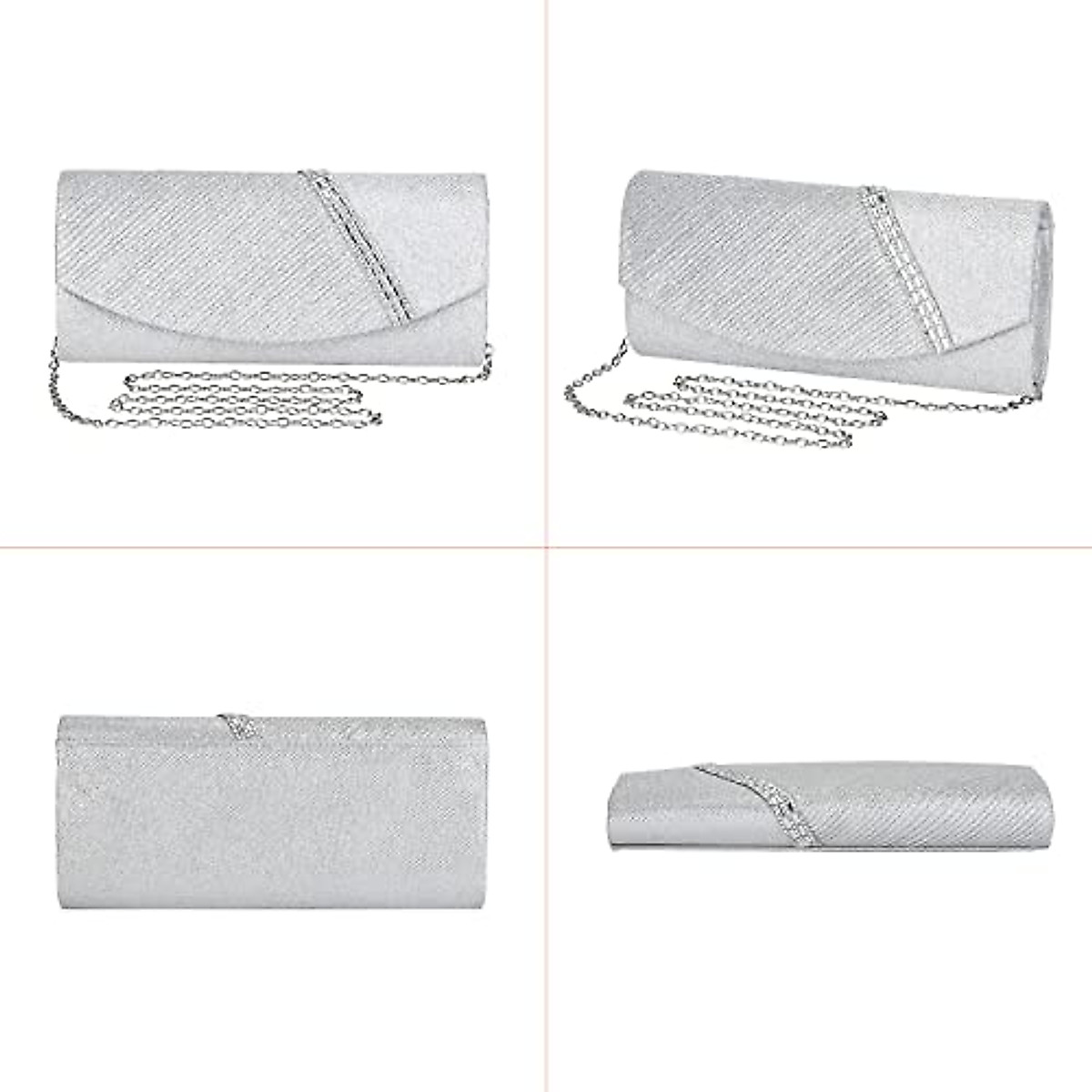 Pinprin Womens Evening Clutch Bag Ladies Envelope Handbag Prom Bridal Wedding Party Purse with Detachable Chain (C-Silver)