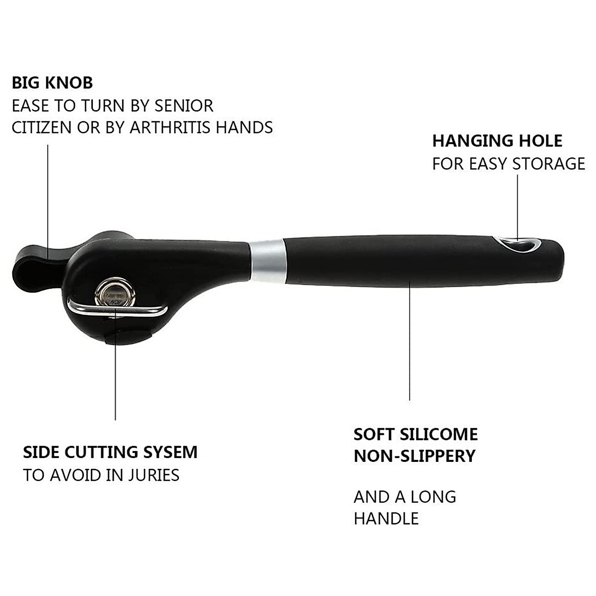 A + kitchen Manual Can Opener,Ergonomic Soft Grips Handle,Smooth Edge Safety Can Opener,Built in Food Grade Stainless Steel Can opener, A233c, Black, 8.7 x 2.4 x 1.6 inches