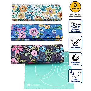 JAVOedge [3 PACK] Floral Pattern Long Oval Hard Eyeglass Case with Magnetic Enclosure - Style C