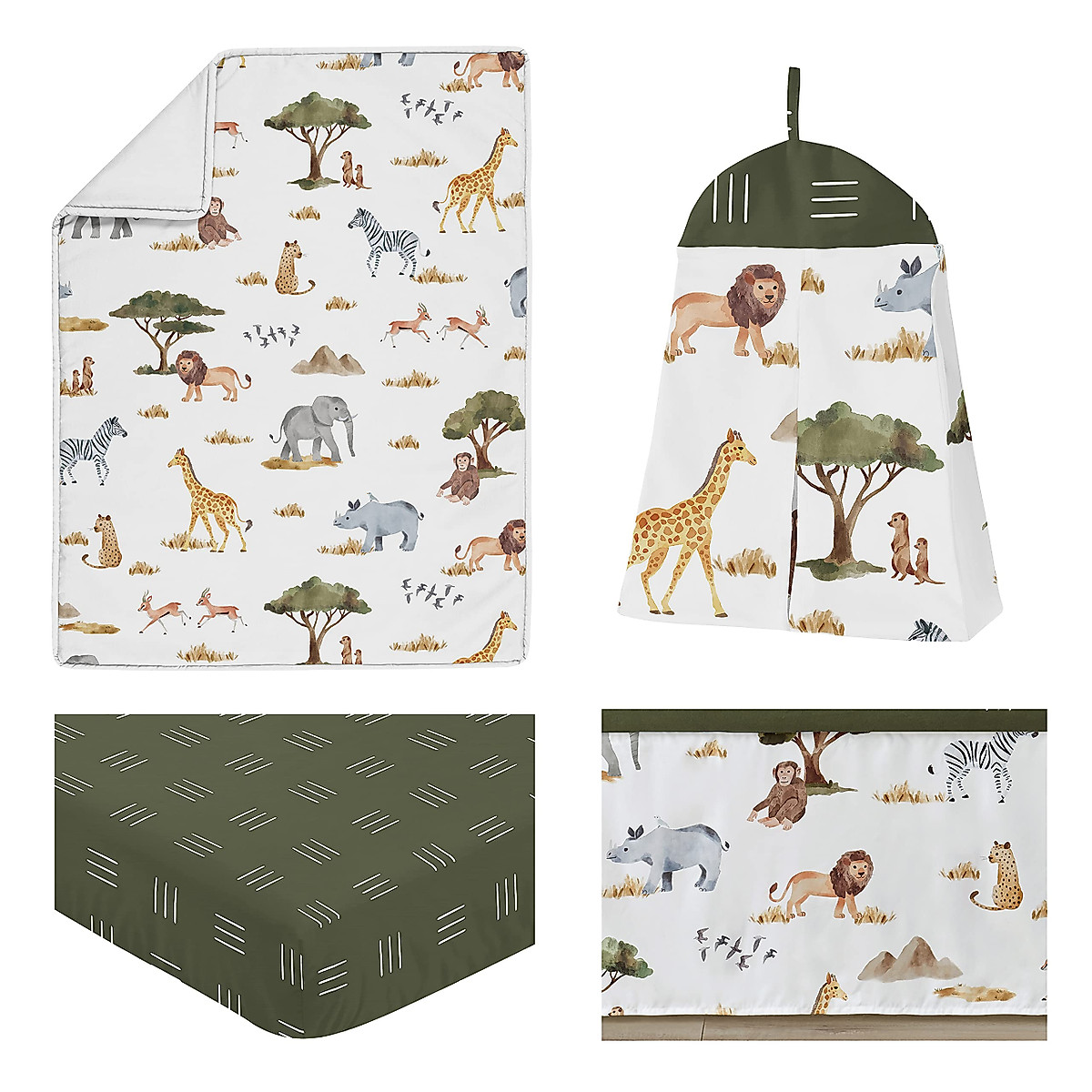 Sweet Jojo Designs Jungle Animals Baby Boy Girl Nursery 4pc Crib Bedding Set Dark Hunter Green Yellow Grey Rust Orange Black White Wildlife Safari Animal Elephant Giraffe Lion Monkey Leopard Cheetah