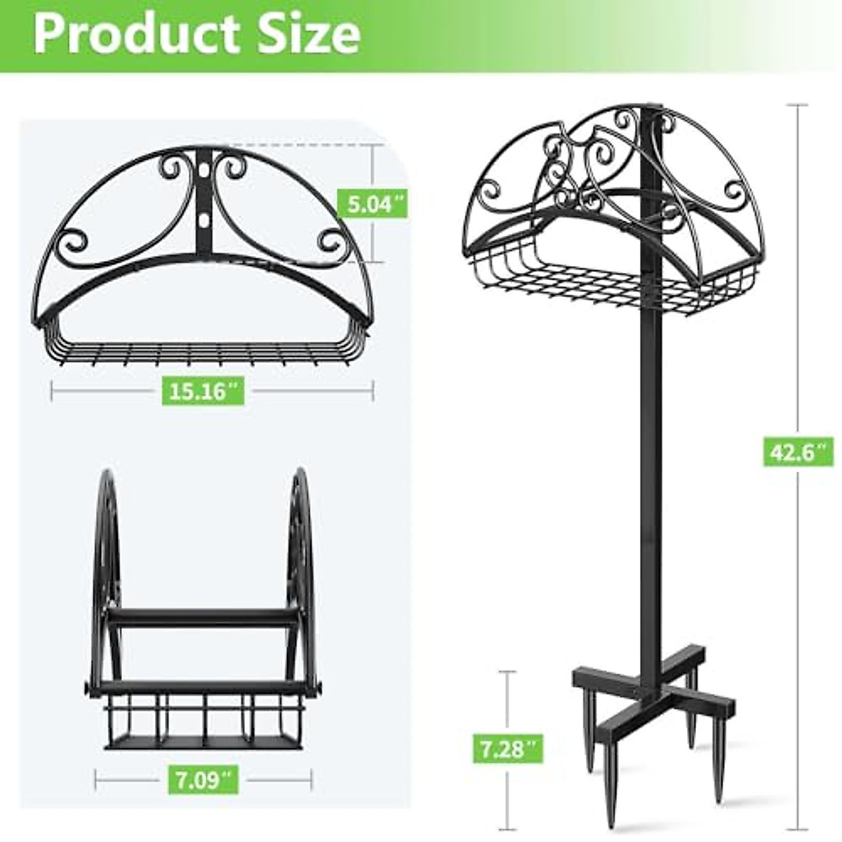 Helhom Garden Hose Holder Freestanding, Water Hose Holders with Storage Basket Detachable Garden Hose Stand Heavy Duty for Outside Lawn Yard