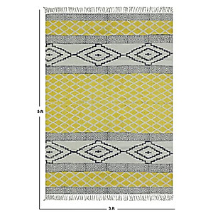 Casavani Hand Made Cotton Dhurrie Geometric Yellow & Black Tassel Rug Easy Care Washable Rugs for Doormat Entryway Living Room Bedroom Hallway Balcony 8x10 Feet