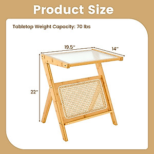 GOFLAME Rattan Side Table Set of 2, Z-shaped End Table with Tempered Glass Top, Magazine Rack, Boho Night Stand, Small Coffee Table, Bamboo Accent Bedside Table for Living Room, Bedroom, Natural