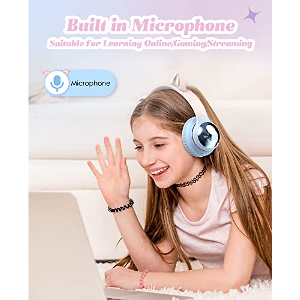 Bluetooth Headphones for Kids, Kid Odessey Cat Ears Wireless Kids Headphones, Bluetooth 5.3, 50H Playtime, 84/94dB Volume Limited, Colorful LED Lights, Built-in Mic Over-Ear Headsets for iPad/Tablet