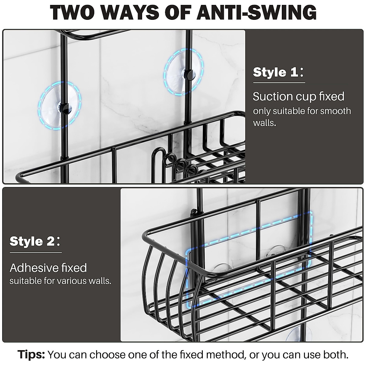 Epicano Anti-Swing Hanging Shower Caddy, Over Head Shower Caddy Rustproof with hooks for Towels, Sponge and more, Metal Black