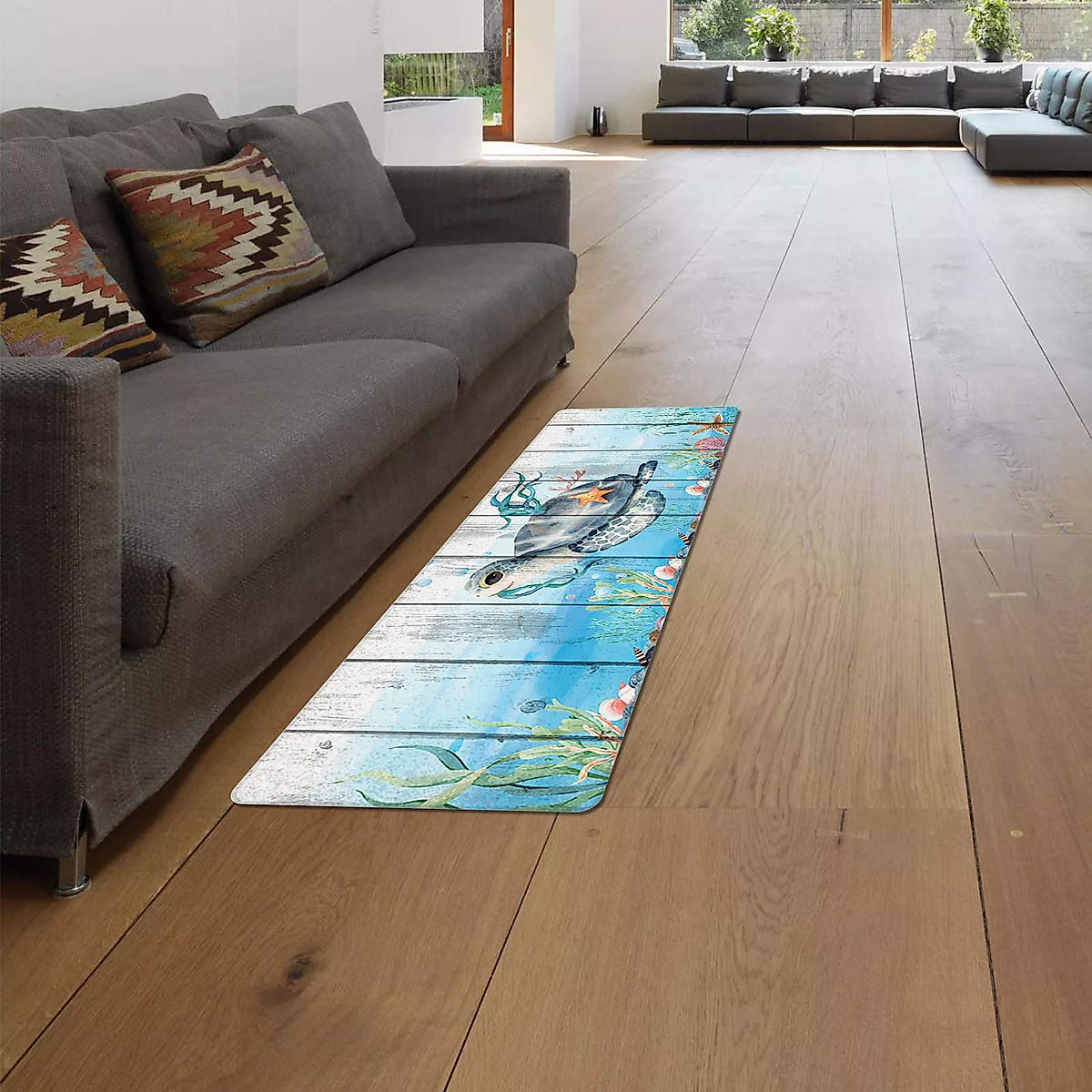 Possta Decor 2 Piece Kitchen Mats Nautical Turtles Starfish Seaweed Shells,Non Slip Doormats Area Runner Rug Set,Blue Ocean Farm Retro Plank Super Soft Comfort Standing Mat for Bedroom Living Room