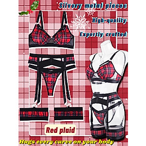 Kaei&Shi Garter Belt Thong Lingerie for Women,Strappy Hollow Out Sexy Lingerie,Underwire Mesh Sheer Matching 4 Piece Lingerie Set Boudoir Outfits Costumes Black Red Plaid 2X-Large