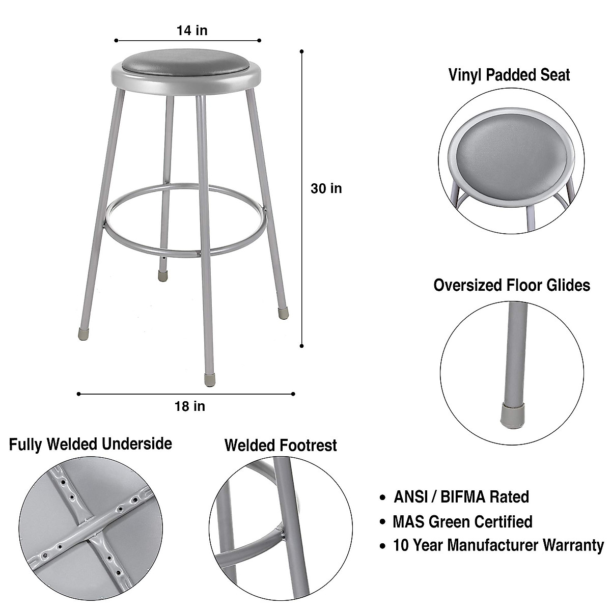 OEF Furnishings (2 Pack) Grey Vinyl Padded Stool, 30" High No Assembly Required