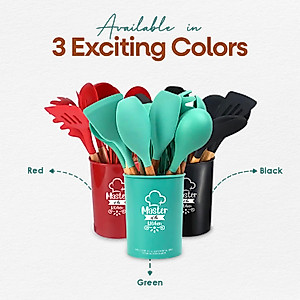 Silicone Cooking Set, 12 pcs Kitchen Utensils Set, Wooden Handle, Bucket Storage, High-Temperature Resistance, Scratch-Free, Cooking Spoons for Nonstick, Best Kitchen Tools, 1st Apartment Kitchen