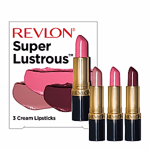 Revlon Super Lustrous 3-Piece Lipstick Gift Set, High Impact, Moisturizing, Cream Finish, 764 On The Mauve, 778 Pink Promise, 477 Black Cherry, 0.45 Oz