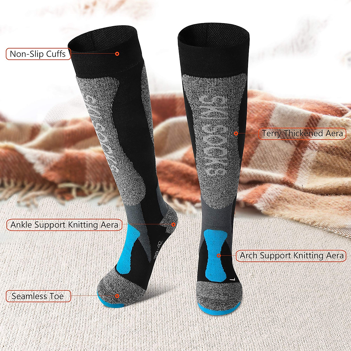 MCTi Ski Socks Thermolite Winter Thermal Snow Snowboard Hiking Over the Calf Long Socks 2 Pairs