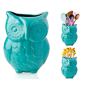 Comfify Owl Utensil Holder Decorative Ceramic Cookware Crock & Organizer, in Lovely Aqua Blue Color - Utensil Shaped Caddy and Perfect Kitchen Ceramic Décor Gift for Countertop - 5” x 7” x 4” Size