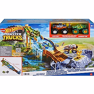 Hot Wheels Monster Trucks Wreckin' Raceway with 2 Toy Trucks: Bigfoot & Gunkster, Head-To-Head Race with Obstacles
