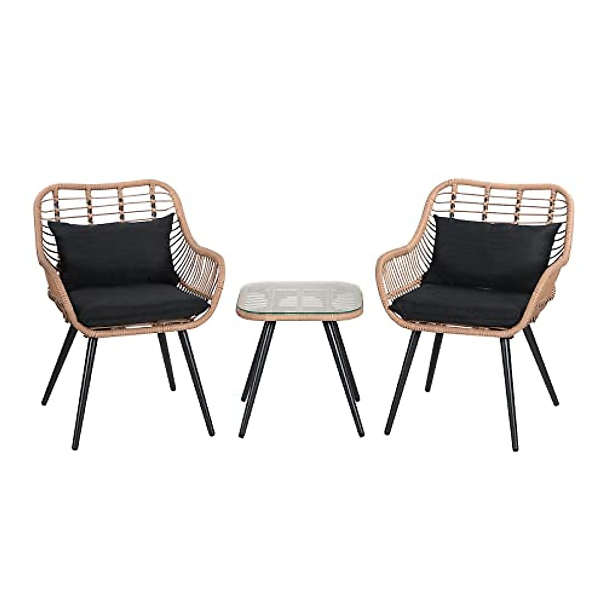 JOIVI 3-Piece Patio Set, Outdoor Wicker Conversation Bistro Sets for Porch, Backyard with Square Glass Top Coffee Table, Cushions and Lumbar Pillows