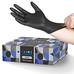 Hand-E Touch Black Nitrile Disposable Gloves Medium, 100 Count - BBQ, Tattoo, Hair Dye, Cooking, Mechanic Gloves - Powder and Latex Free Gloves